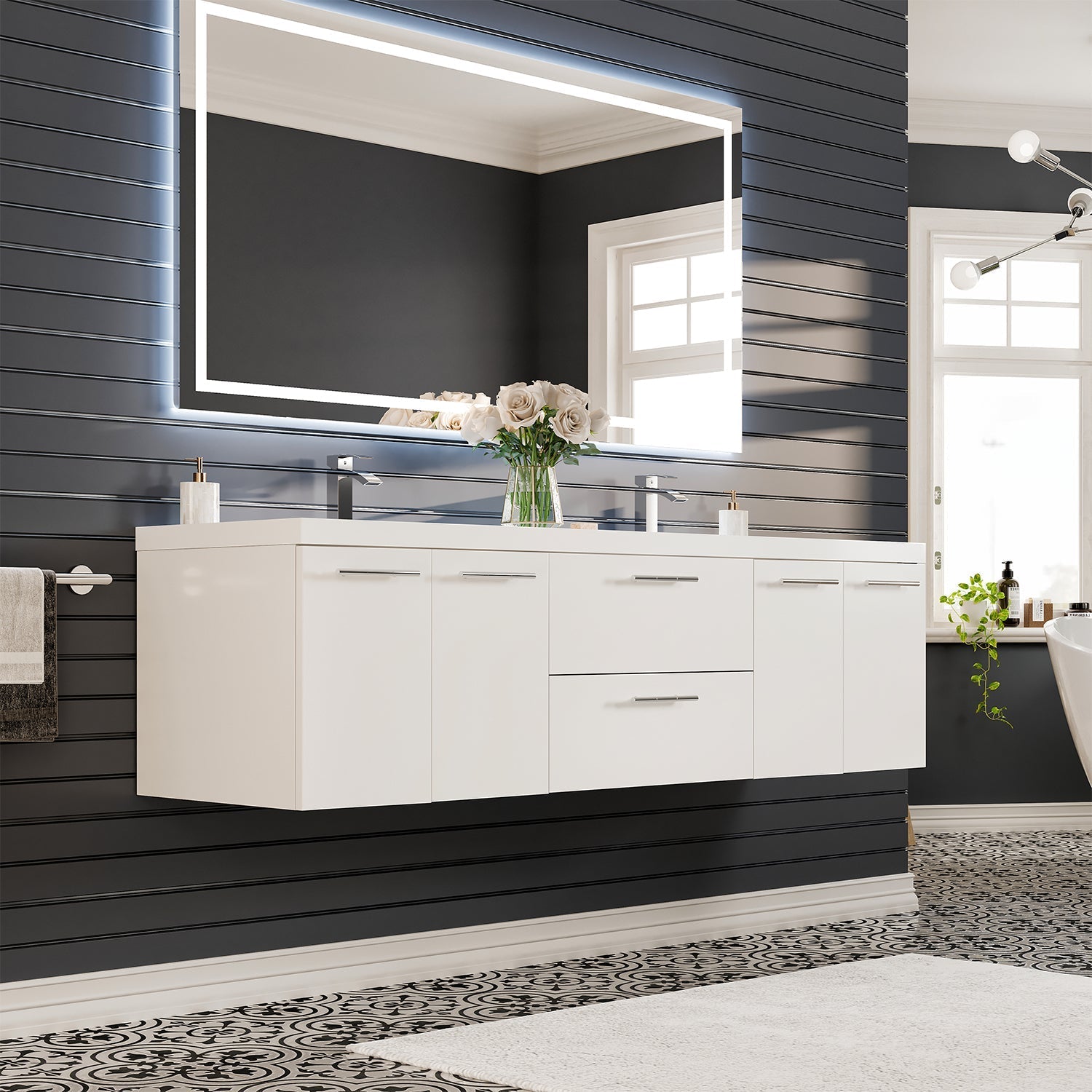 Eviva Axis Wall Mount Double Sink Bathroom Vanity with White Acrylic ...