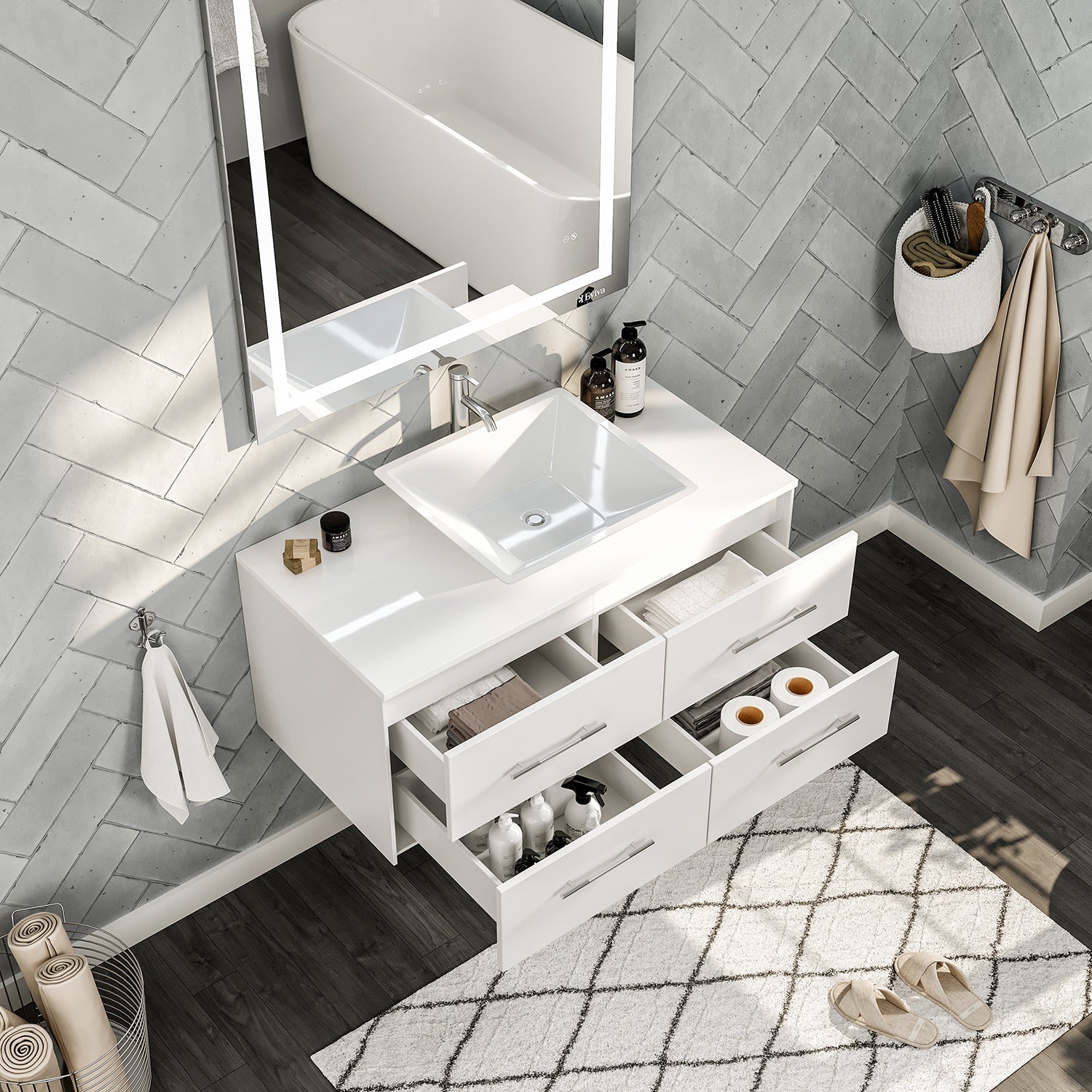 Eviva Wave Bathroom Vanity with White Quartz Countertop and Vessel ...