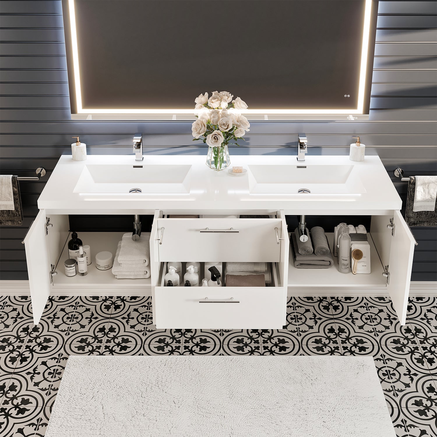 Eviva Axis Wall Mount Double Sink Bathroom Vanity with White Acrylic ...