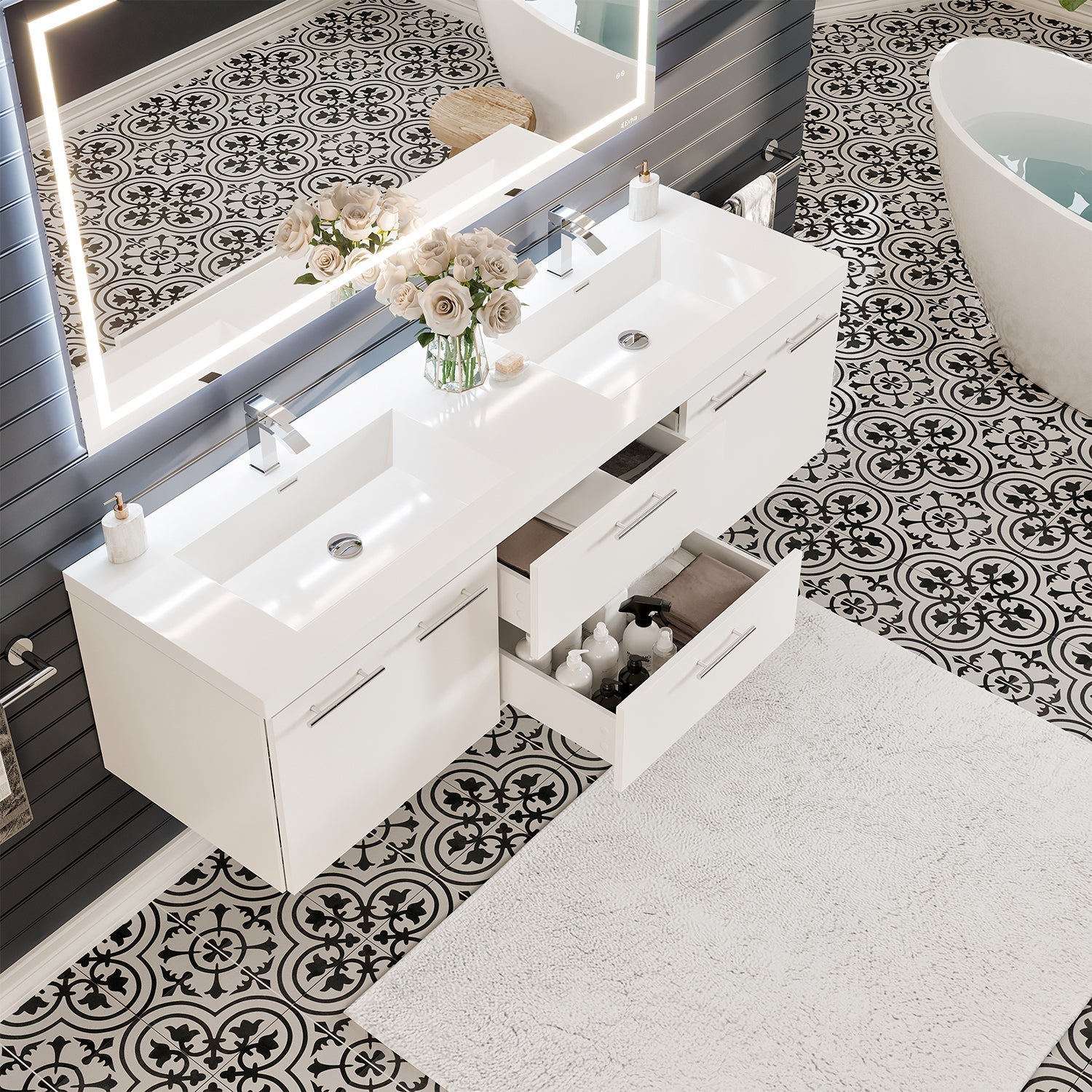 Eviva Axis Wall Mount Double Sink Bathroom Vanity with White Acrylic ...