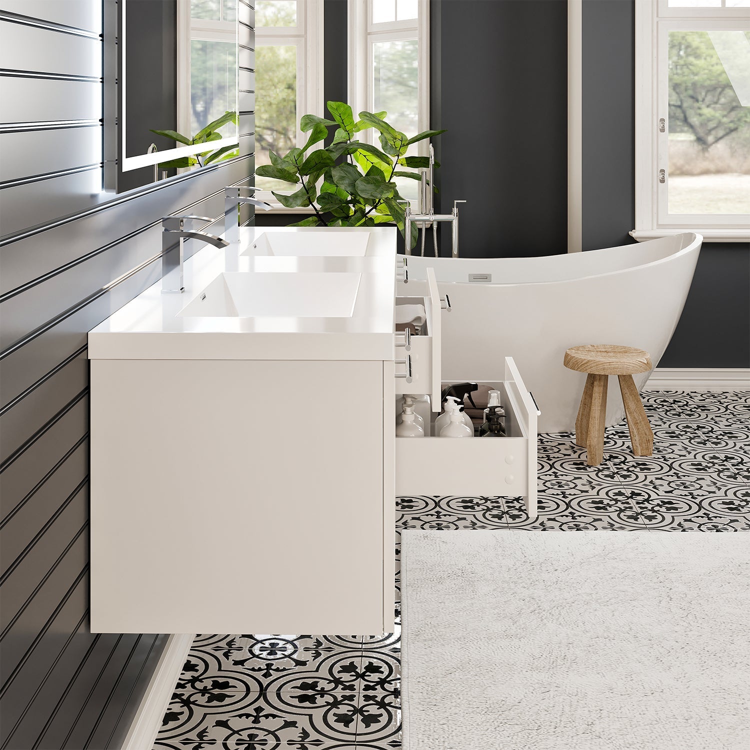 Eviva Axis Wall Mount Double Sink Bathroom Vanity with White Acrylic ...